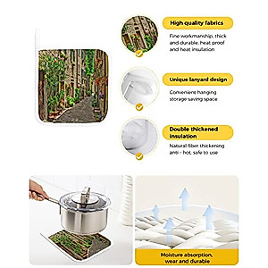 3Pack Pot Holders Cotton Oven Hot Pads, Italy Vintage Backyard Potholder Cloth Potholders for Daily Kitchen Baking Cooking with Hanging Loops - Charming Old Streets House Flower Garden Door