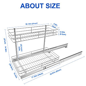 FANHAO Pull Out Cabinet Organizer, 2 Tier Wire Basket Under Sink Slide Out Storage Shelf with Sliding Drawer Storage - 10.43W x 17.32D x 14.56H, Request at Least 12 inch Cabinet Opening, Chrome