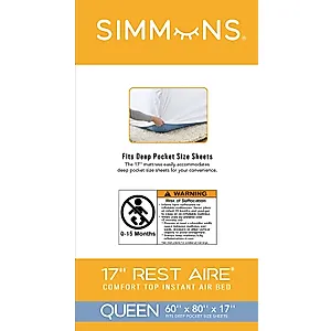 Simmons Rest Aire Mattress Air Bed with Side Built-in Pump and Soft Velveteen Topper, 17" Queen