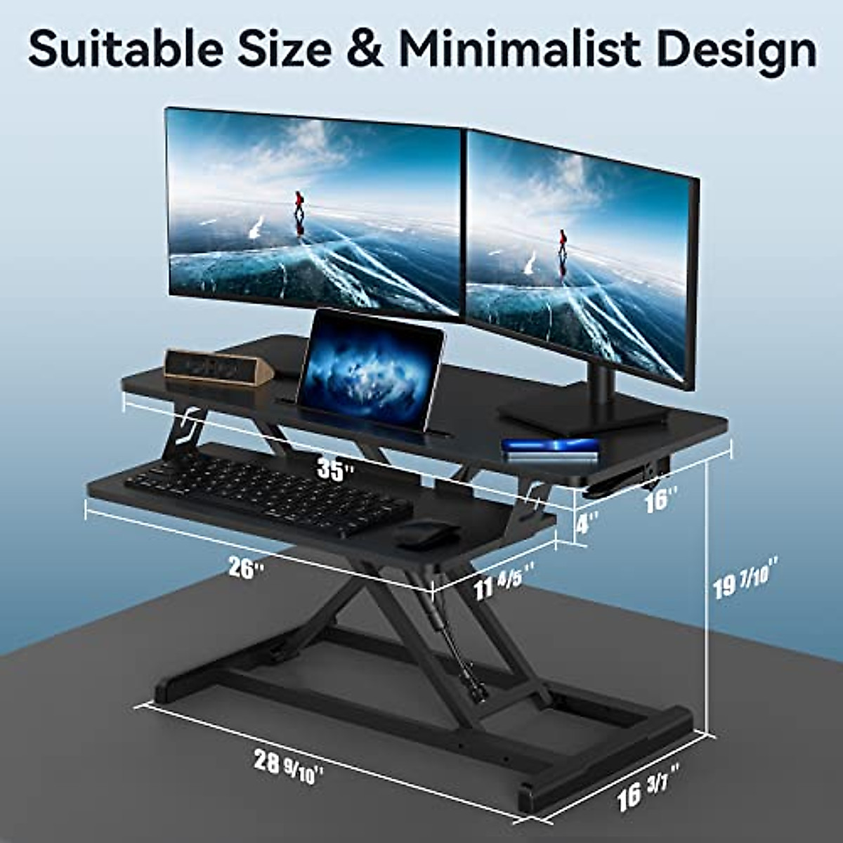 Standing Desk Converter, 35’’ W Height Adjustable Desk Riser w/ Detachable Keyboard Tray, Gas Spring , Fits Dual Monitors, Stand up Desk Riser for Standing or Sitting, Ideal for Home Office, Black