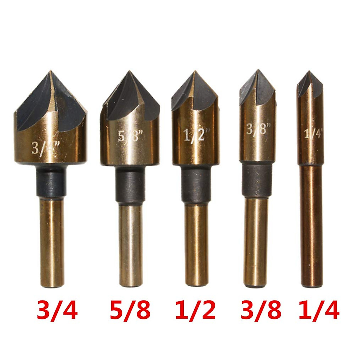 CALIDAKA 5 Pieces Countersink Drill Bit Set,High Speed Steel 82 Degree 5 Flute in Sizes 1/4, 3/8, 1/2, 5/8, 3/4 Inch Counter Sink Drill Bits with Carrying Case