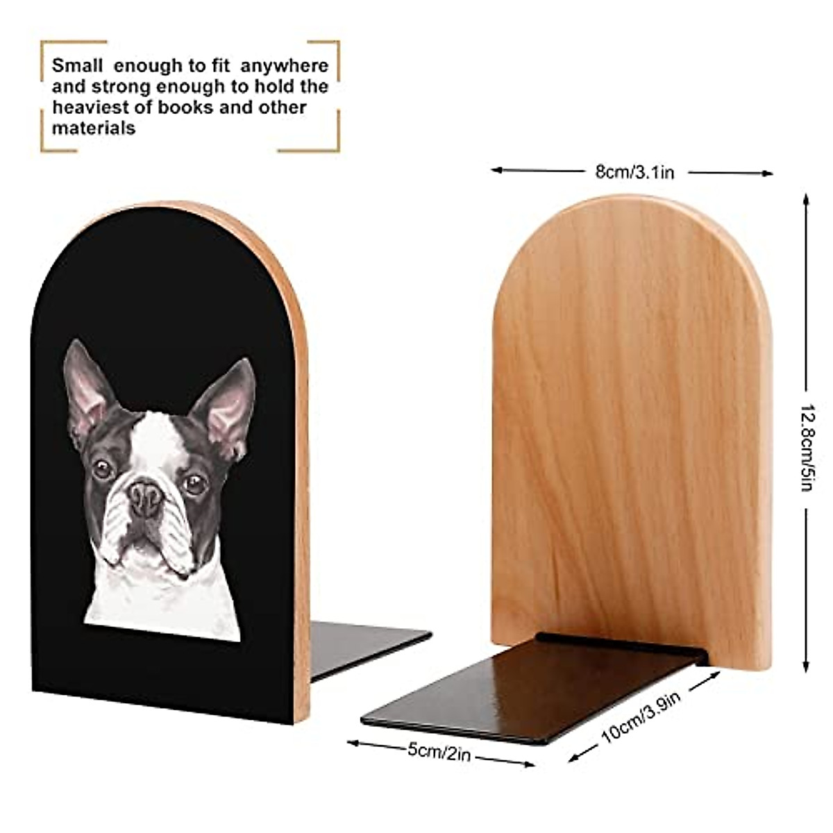 Cute Boston Terrier Dog Simple Nature Wooden Shelves Bookends Desktop Book Stand Book Ends Books Holder for Library School Home Office Study Decoration（Beech Wood）