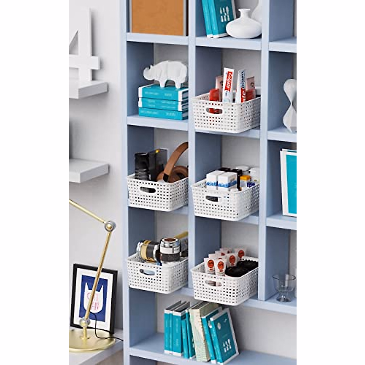 Woven Plastic Storage Baskets, 6 Pack White Weave Bins Organizer, 10.1" x 7.55" x 4.1"