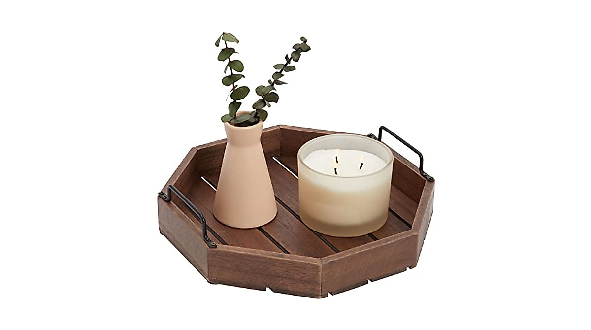 Rustic Wooden Serving Tray with Metal Handles for Home Decor