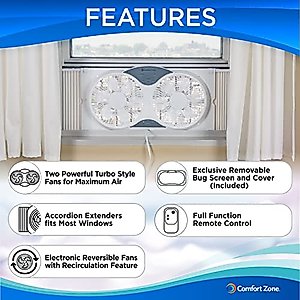 Comfort Zone CZ310R 9" 3-Speed, 3-Function, Expandable, Reversible Twin Window Fan with Remote Control, Removable Cover