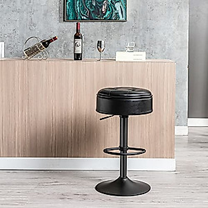 Round Storage Bar Stool Set of 2, Black Faux Leather Height Adjustable Barstool, 360°Counter Height Swivel Stool, Armless Bar Chair with Metal Frame for Kitchen Counter Dining Living Room