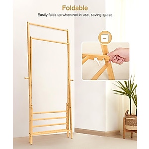 Cozivolife Bamboo Clothes Rack with Storage Shelf, Portable Garment Rack Clothing Racks for Hanging Clothes, Foldable Wardrobe Storage Rack for Entryway and Bed Room (Natural)
