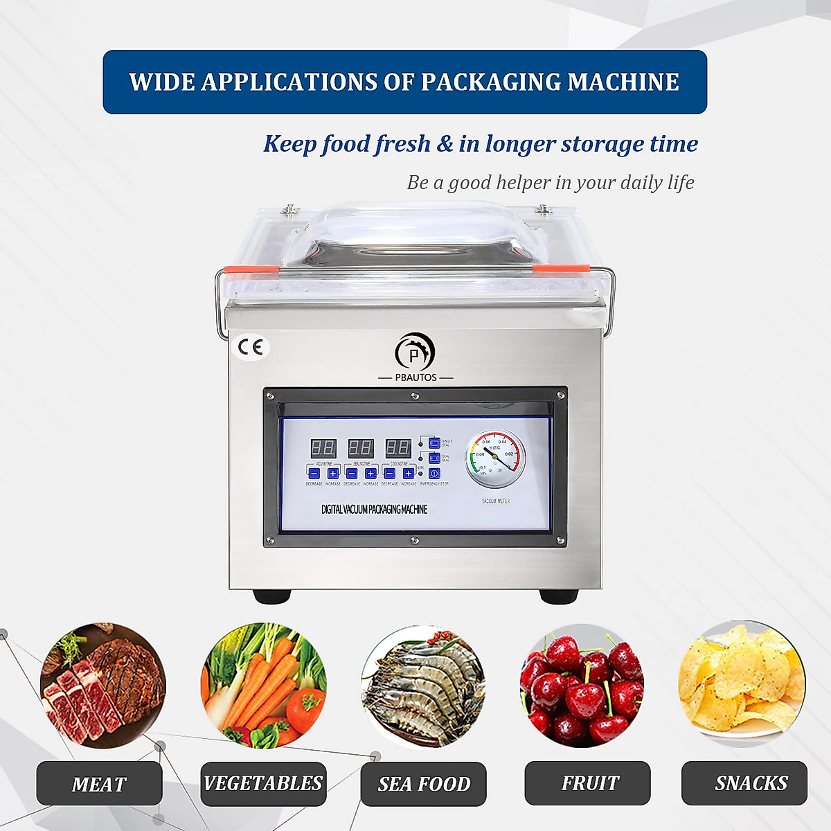 P PBAUTOS Chamber Vacuum Sealer Machine, with Micro Computer Control and Tight Buckle Design, DZ320 110V/60Hz Food Packaging Sealer Machine, Applied in Home Kitchen and Commercial Use