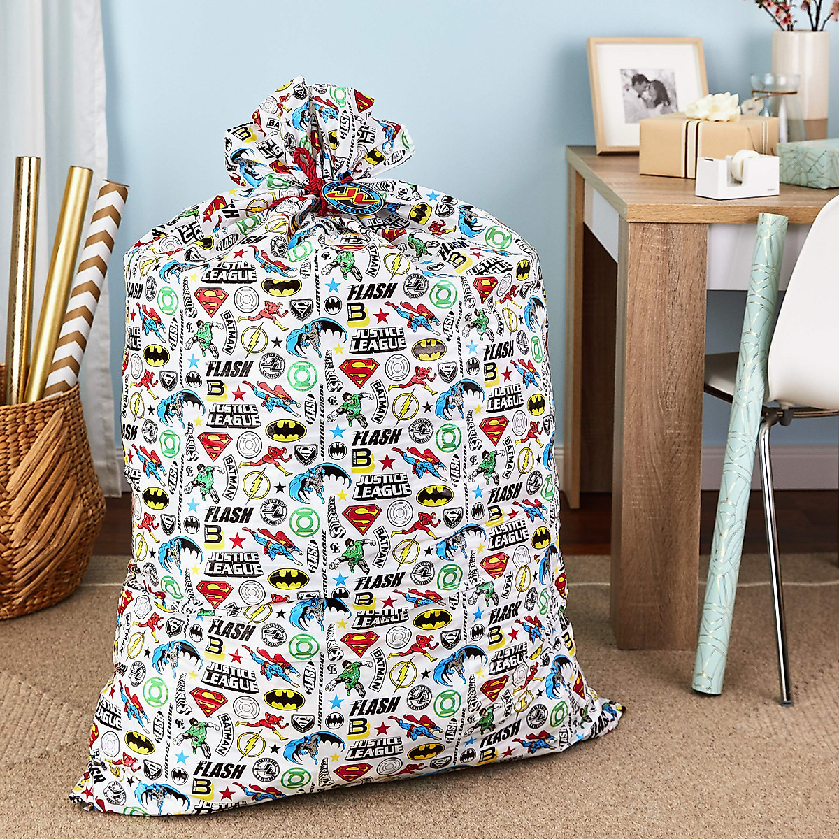 Hallmark 56" Large Plastic Gift Bag (Justice League) for Birthdays, Parties, or Any Occasion