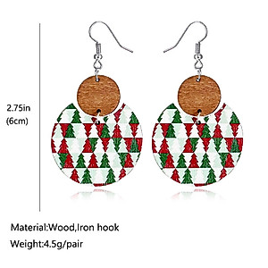 coadipress Colorful Christmas Plaid Round Wooden Dangle Earrings for Women Plaid Snowflake Deer Tree Flower Print Earrings Lightweight Wooden Earring Christmas Jewelry (Christmas Tree)