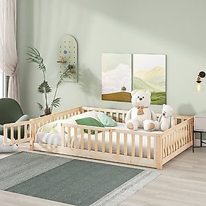 i-POOK Full Floor Bed for Children, Sturdy Wood Montessori Bed Frame with Wood Slats, Fence & Door, Montessori Floor Bed for Girls and Boys, Natural (with Bed Slats)