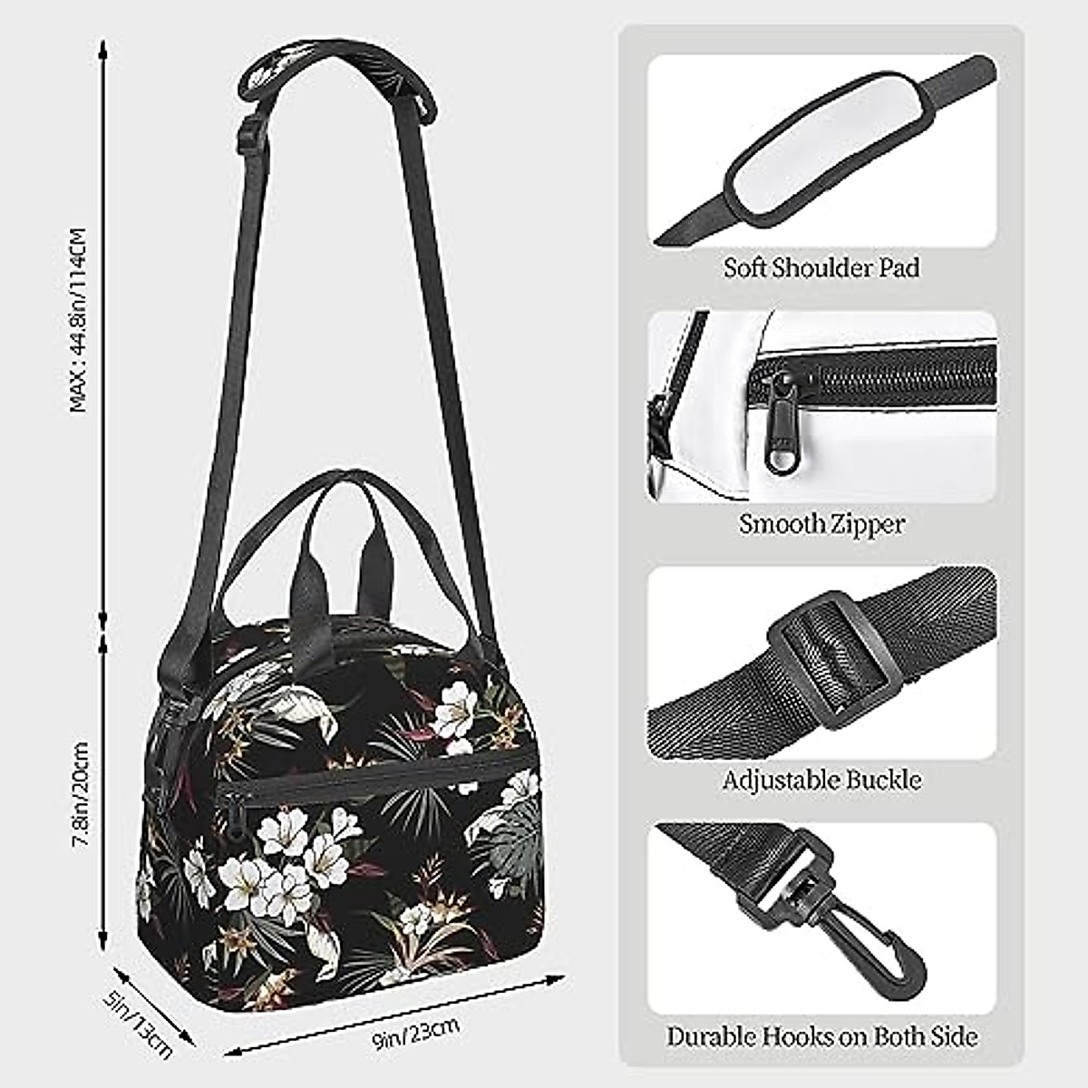 GAMSJM Hibiscus Insulated Lunch Bags for Women Men - Large Reusable Lunch Tote with Adjustable Shoulder Belt -Waterproof White Flower Lunch Box Cooler Bag for Adult/Kids