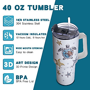 Gome 40 oz Sea Turtle Tumbler with Handle - Insulated Stainless Steel Ocean-Themed Cup with Lid and Straw - Keeps Drinks Cold and Hot,Birthday Gifts for Women - Hand Wash Only