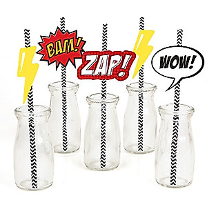 Big Dot of Happiness Bam Superhero Paper Straw Decor - Baby Shower or Birthday Party Striped Decorative Straws - Set of 24