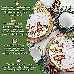 YARA Woodland Creatures Theme Baby Shower & Birthday Party Supplies For Boy & Girl Decorations with paper plates, napkins and cups of Forest Animal Friends Fox Deer Bear Racoon Tableware Set Serves 24
