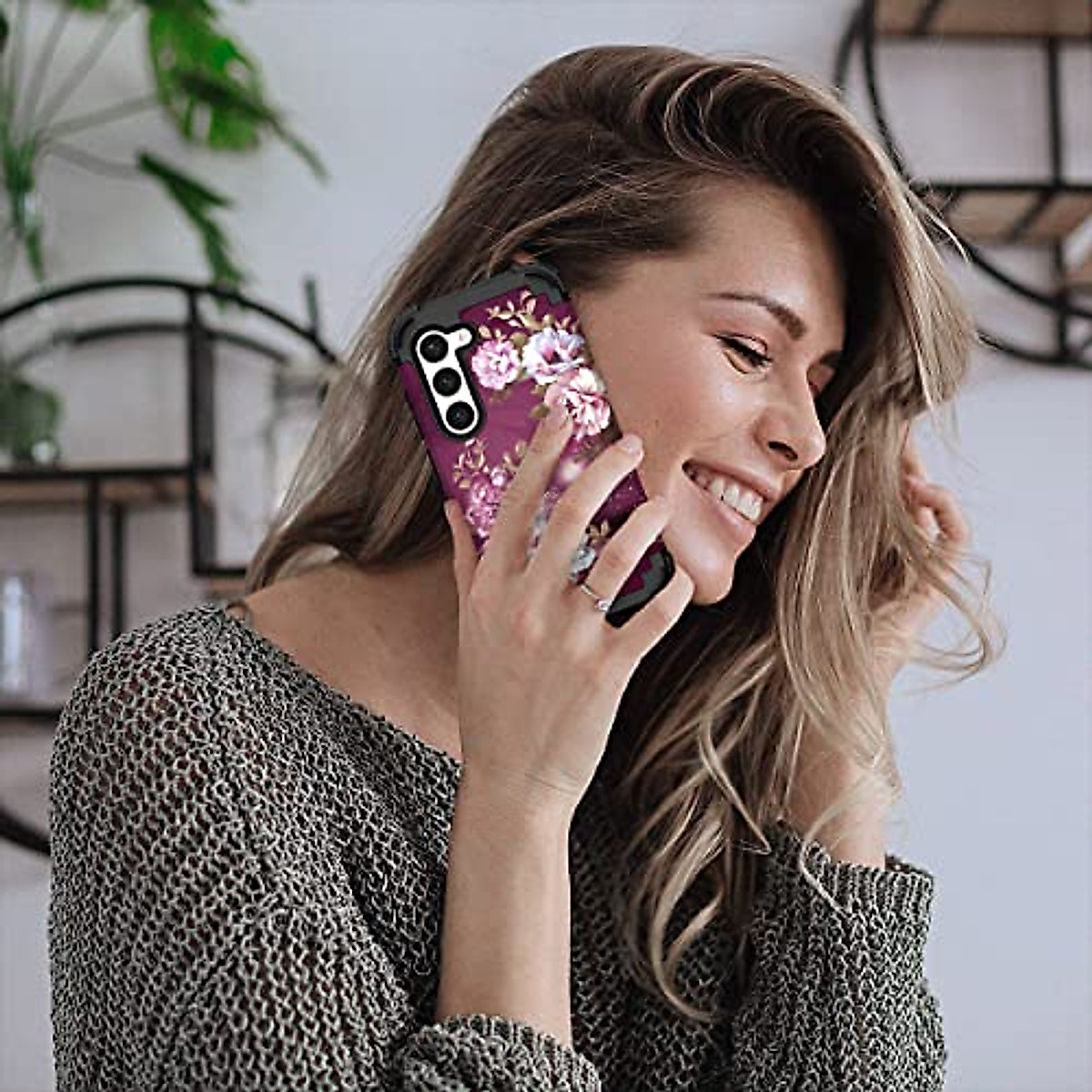 Hocase for Galaxy S23 Case, Shockproof Heavy Duty Protection Soft Silicone Rubber Bumper+Hard Plastic Hybrid Protective Case for Samsung Galaxy S23 (6.1" Display) 2023 - Royal Purple Flowers