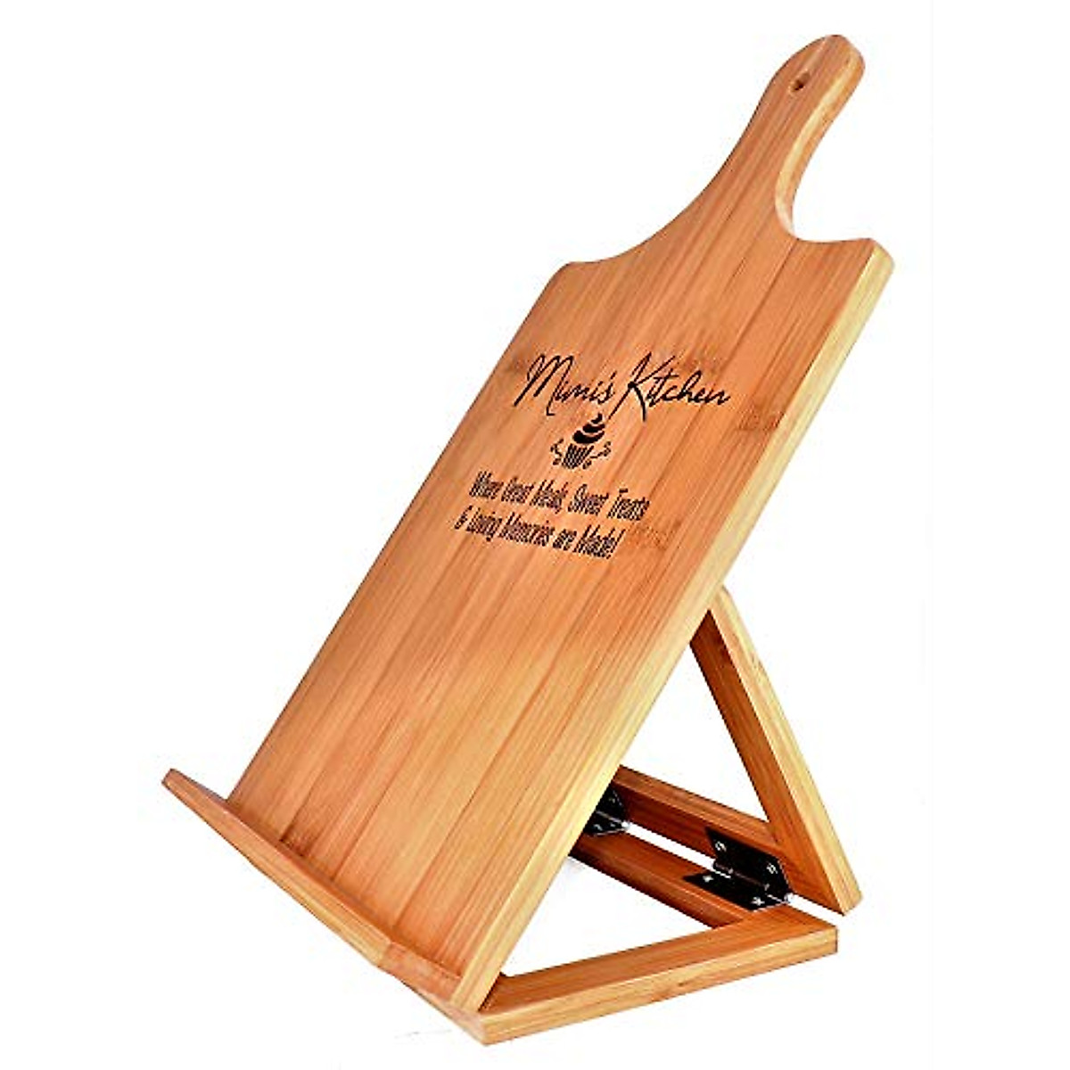 Mimi Gift Cookbook Stand Recipe Holder - Custom Engraved Bamboo Cutting Board Foldable Chef Easel Metal Hinge Kickstand iPad Tablet Compatible Christmas Birthday Mother Day Kitchen Decor (7.25x13.5)