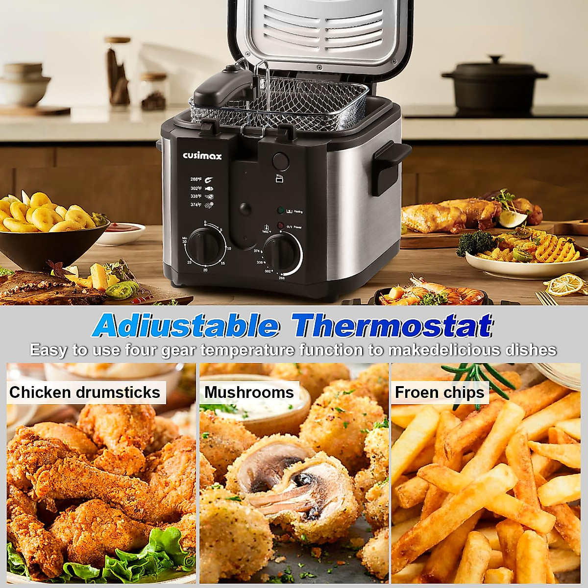 CUSIMAX Electric Deep Fryer for Home Use, 1500W, 2.5 Liter Small Deep Fryer with Basket, Adjustable Temperature & Time, Lid with View Window and Odor Free Filter