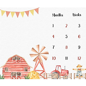 Farm Theme Baby Monthly Milestone Blanket, 48x40in Soft Flannel, Tractor and Barn Backgrounds, Newborn Mom Gifts, Baby Shower Age Growth Tracker with Bonus Maker BTWYFS76