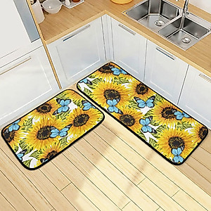 susiyo Sunflower Blue Butterfly Painted Kitchen Mat Set of 2 Pieces Non-Slip Comfort Memory Foam Rug for Kitchen Sink Laundry Office 19.7"x47.2" +19.7"x27.6"