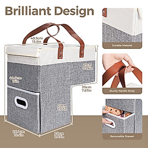 Puricon Stair Basket for Carpeted and Wooden Stairs, Flax Foldable Stair Step Basket with Drawer and Leather Handles, Staircase Storage Organizer for Home Toys Clothes