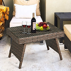 RELAX4LIFE Patio Rattan Side Table - Folding Coffee Table with Premium Brown PE Wicker & High-Duty Steel Frame, Outdoor Beside Table for Garden, Courtyard, Poolside (Brown)