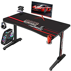 Flamaker Gaming Desk 44 Inch Gaming Table Computer Desk PC Gamer Table T Shape Game Station with Large Carbon Fiber Surface, Cup Holder & Headphone (Light Black)