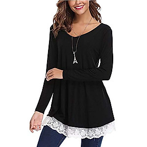 Womens Long Sleeve Swing Tops V Neck Casual Loose A Line Lace Trim Tunic Shirts Loose Blouse Black