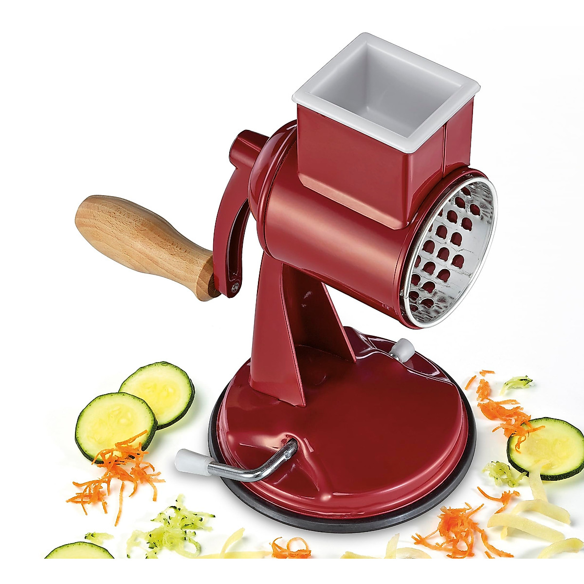 Zassenhaus Classic Drum Grater, Manual Kitchen Grater, Painted Metal, Beech Wood, Stainless Steel, Suction Base, 2 Grating Drums and Pestle, Can be Used as Vegetable Cutter, Cheese Grater and Slicer