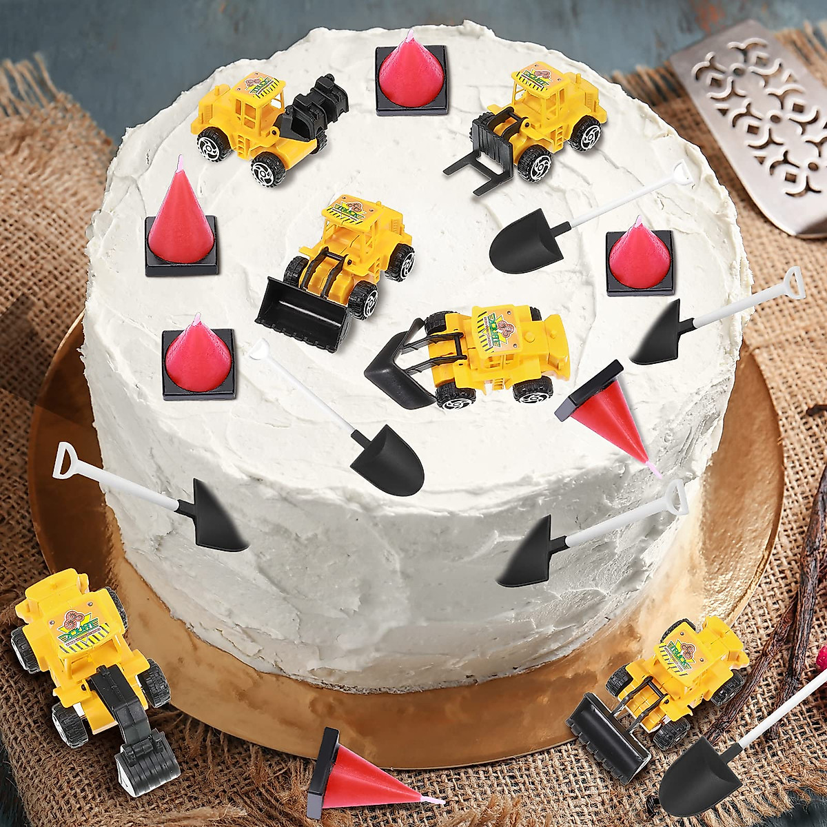 Yerliker 24 Pcs Construction Party Decoration Set Construction Cone Shaped Cake Candles 6 Construction Truck Excavator Cake Toppers 12 Plastic Shovel Shape Spoons for Kids Boy Birthday