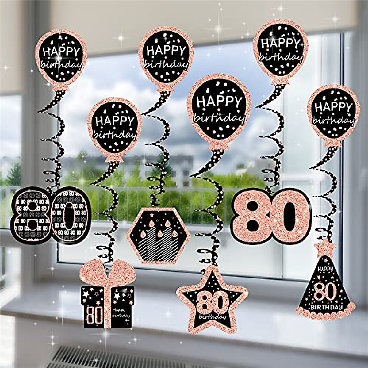 80th birthday decorations for women - (21pack) cheers to 80 years rose gold glitter banner for women, 6 paper Poms, 6 Hanging Swirl, 7 decorations stickers. 80 Years Old Party Supplies gifts for women