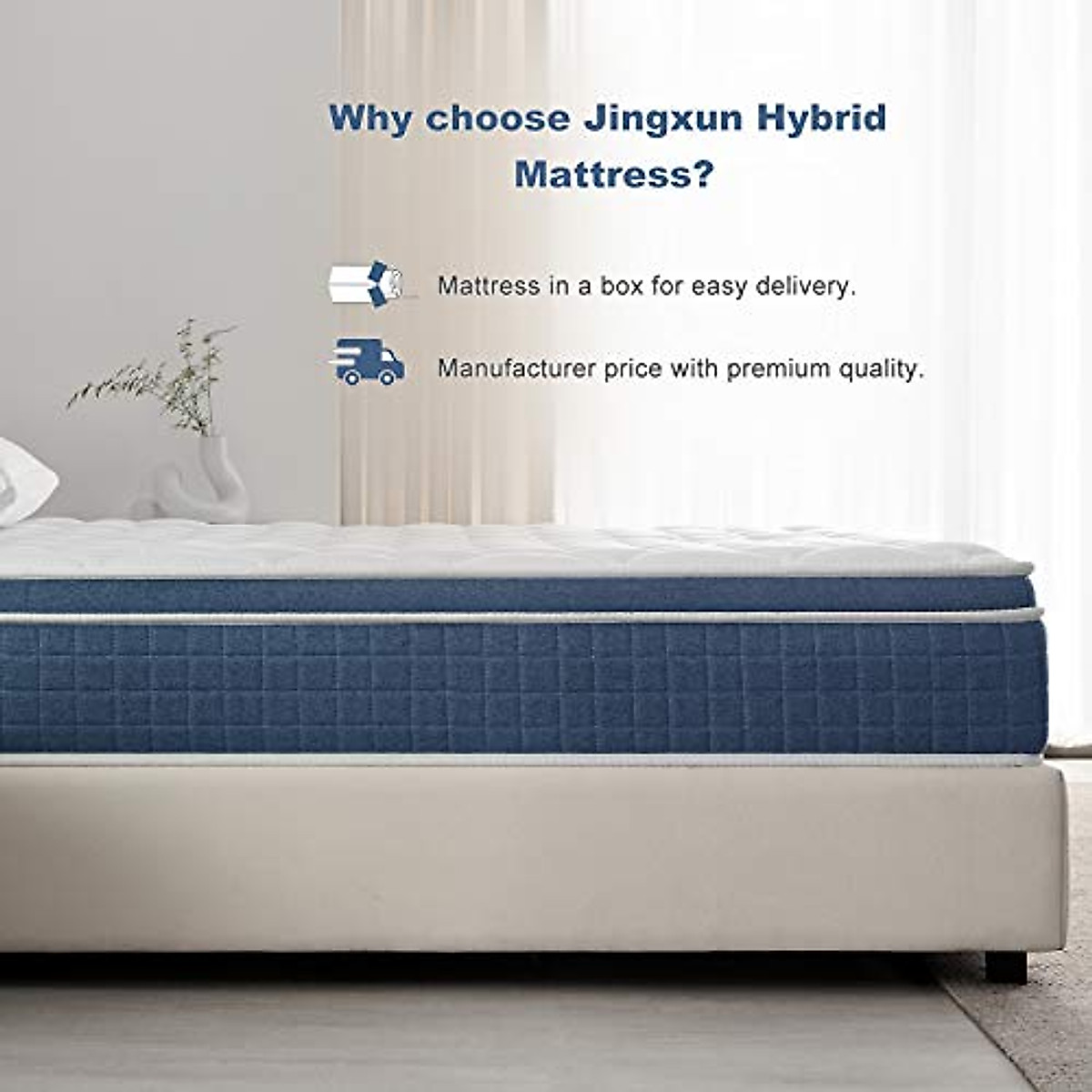 Jingxun Queen Mattress 12 inch Innerspring Mattress Strong Support Pocket Spring Hybrid Mattress Pressure Relief Bed in a Box Medium Firm Bed Mattress