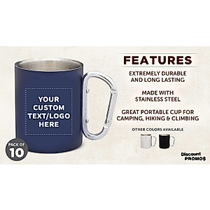 Custom Stainless Steel Mugs with Carabiner Handle 10 oz. Set of 10, Personalized Bulk Pack - Perfect for Coffee, Soda, Other Hot & Cold Beverages - Navy Blue
