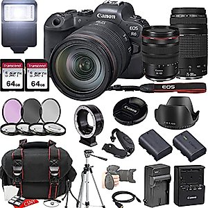 Canon EOS R6 Mirrorless Camera w/RF 24-105mm f/4 L is USM Lens + 75-300mm F/4-5.6 III Lens + 2X 64GB Memory + Hood + Case + Filters + Tripod + More (35pc Bundle)