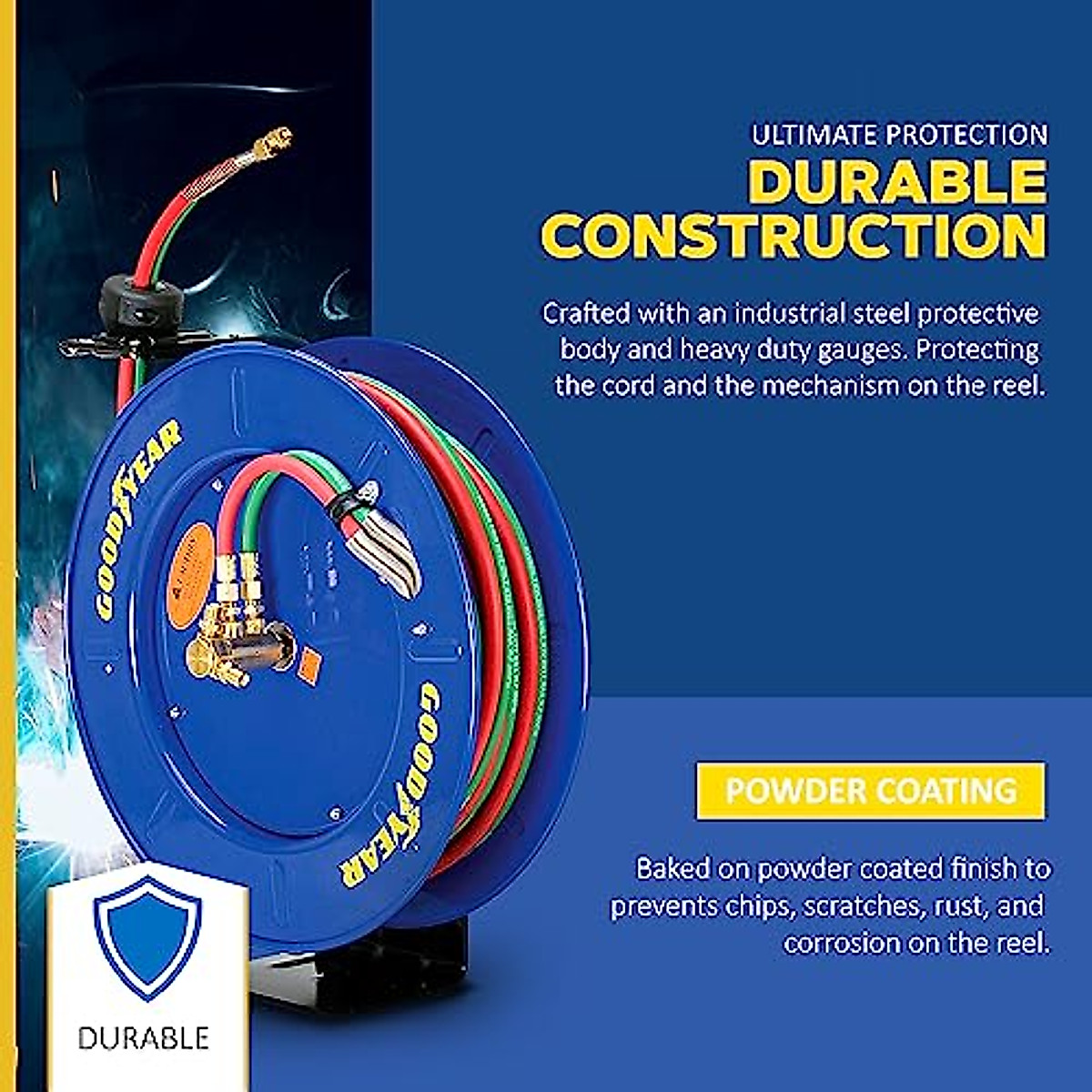 Goodyear Welding Hose Reel Retractable 1/4" Inch x 50’ Foot Twin Oxygen Acetylene Rubber Hoses STD Duty Max 300PSI Heavy Duty Industrial Single Arm Construction