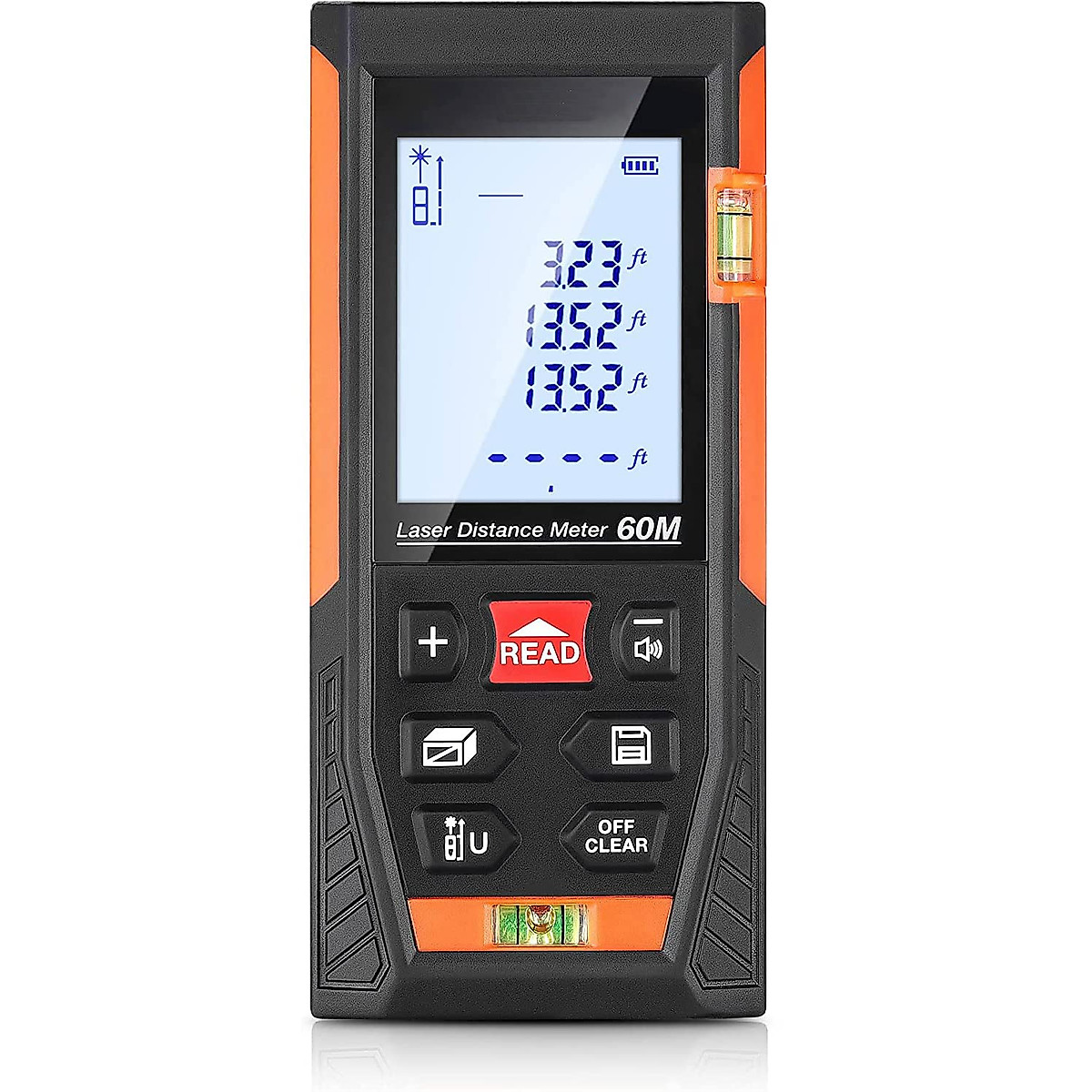 Classic Laser Measure，Digital Laser Measure w/2 Bubble Levels, M/in/Ft/Ft+in Unit Change, Large Backlit LCD, IP54 Shockproof & Waterproof, Live Measuring, Area, Volume, Pythagoras