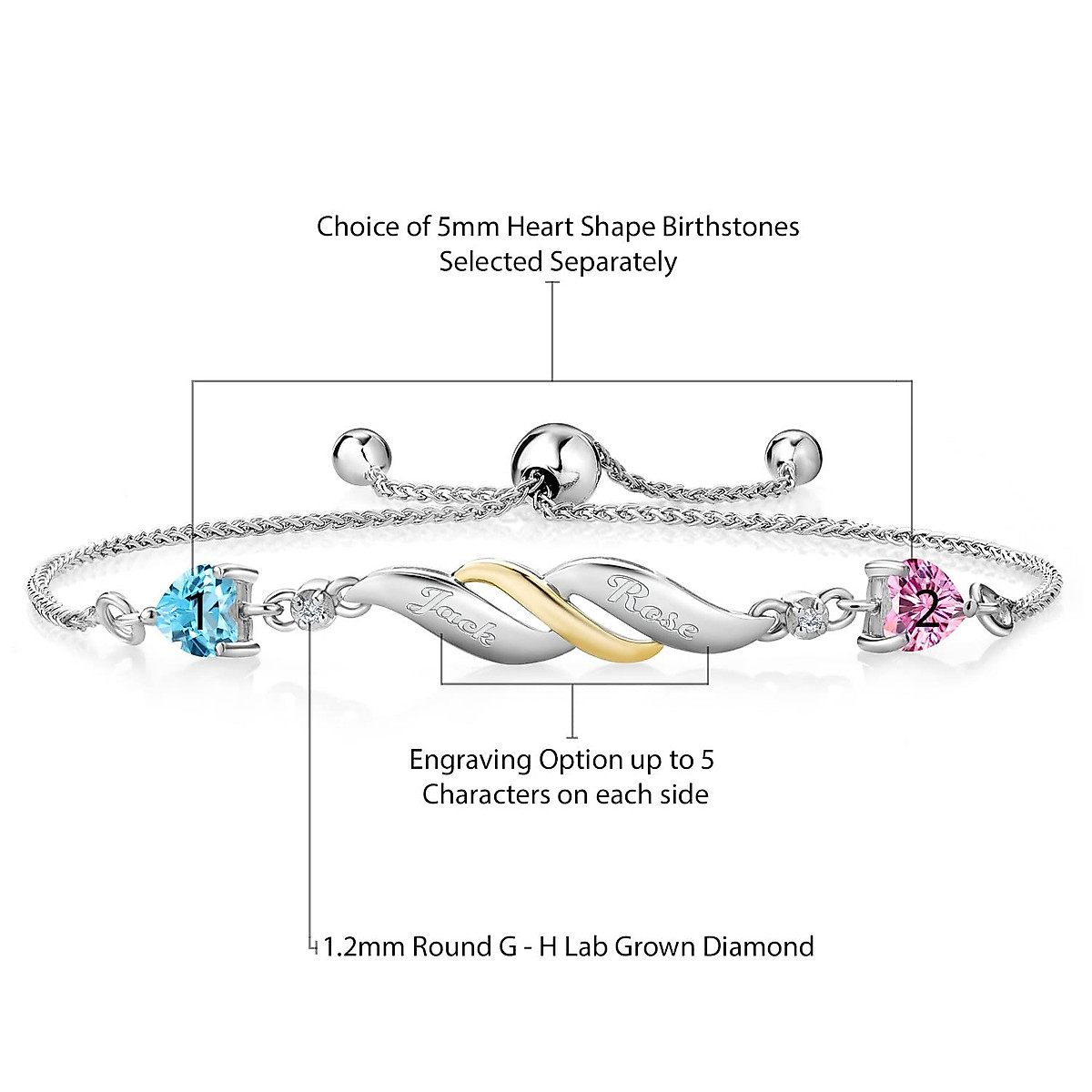 Gem Stone King 925 Sterling Silver and 10K Yellow Gold Customized and Personalized 2 Stone 5MM Heart Shape Gemstone Birthstone and White Lab Grown Diamond Name Engraved Tennis Bracelet For Women