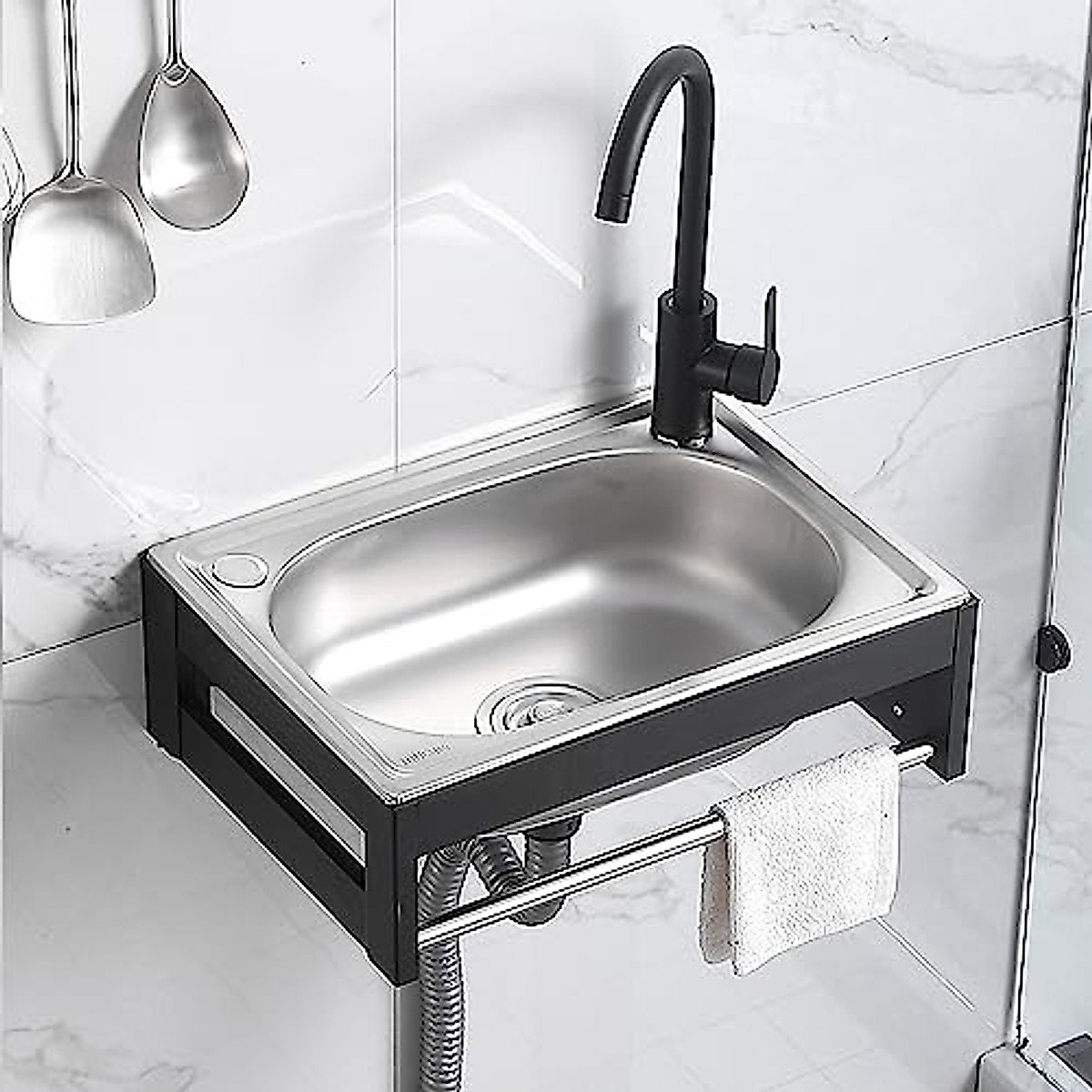 Commercial Hand Wash Station Utility Sink Stainless Steel, Single Bowl Wall Mounted Catering Sink Unit with Hot and Cold Water Taps, Restaurant Kitchen Sink for Indoor Outdoor Laundry Garage (38