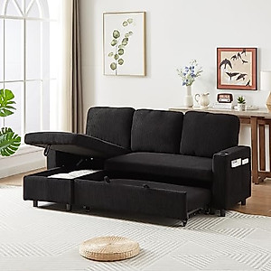 FANYE L-Shaped 3 Seater Reversible Sleeper Sectional Convertible Sofabed Comfortable Corduroy Upholstered Corner Sofa with Pull Out Sleep Couch Bed and Cupholders for Compact Space Living Room