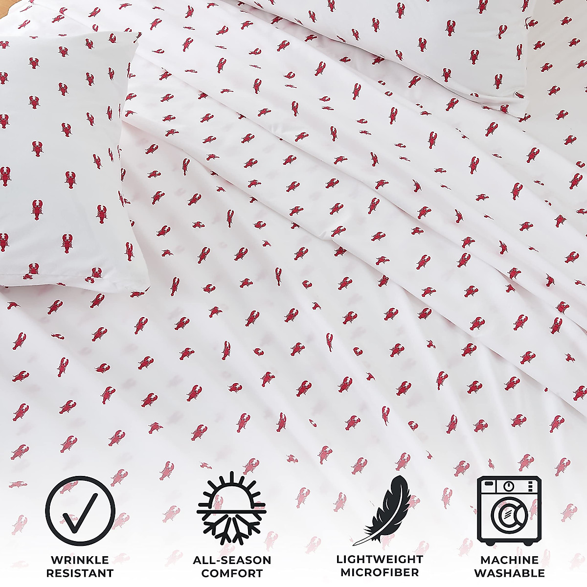 Great Bay Home 4-Piece King Coastal Microfiber Sheet Set | Nautical-Printed, Ultra-Soft Sheets | Wrinkle & Fade Resistant Beach-Themed Prints & Patterns Bedding Sheets & Pillowcases. (King, Lobster)