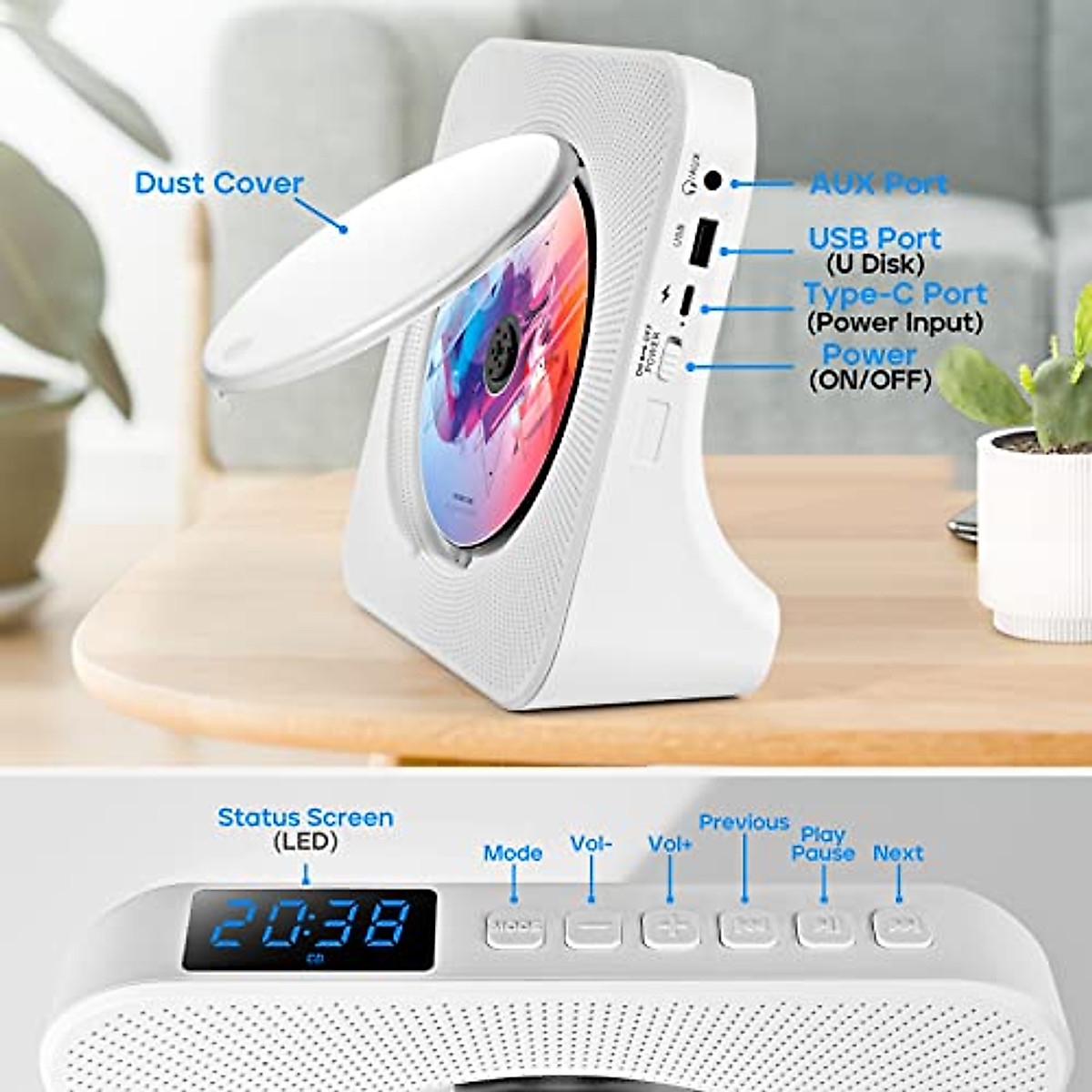 Desktop CD Player with Speakers, ROADOM CD Players for Home, Bluetooth CD Player with Hi-Fi Stereo Sound,Remote Control,Supports CD/Bluetooth/FM Radio/U Disk/AUX/Timer/Repeat