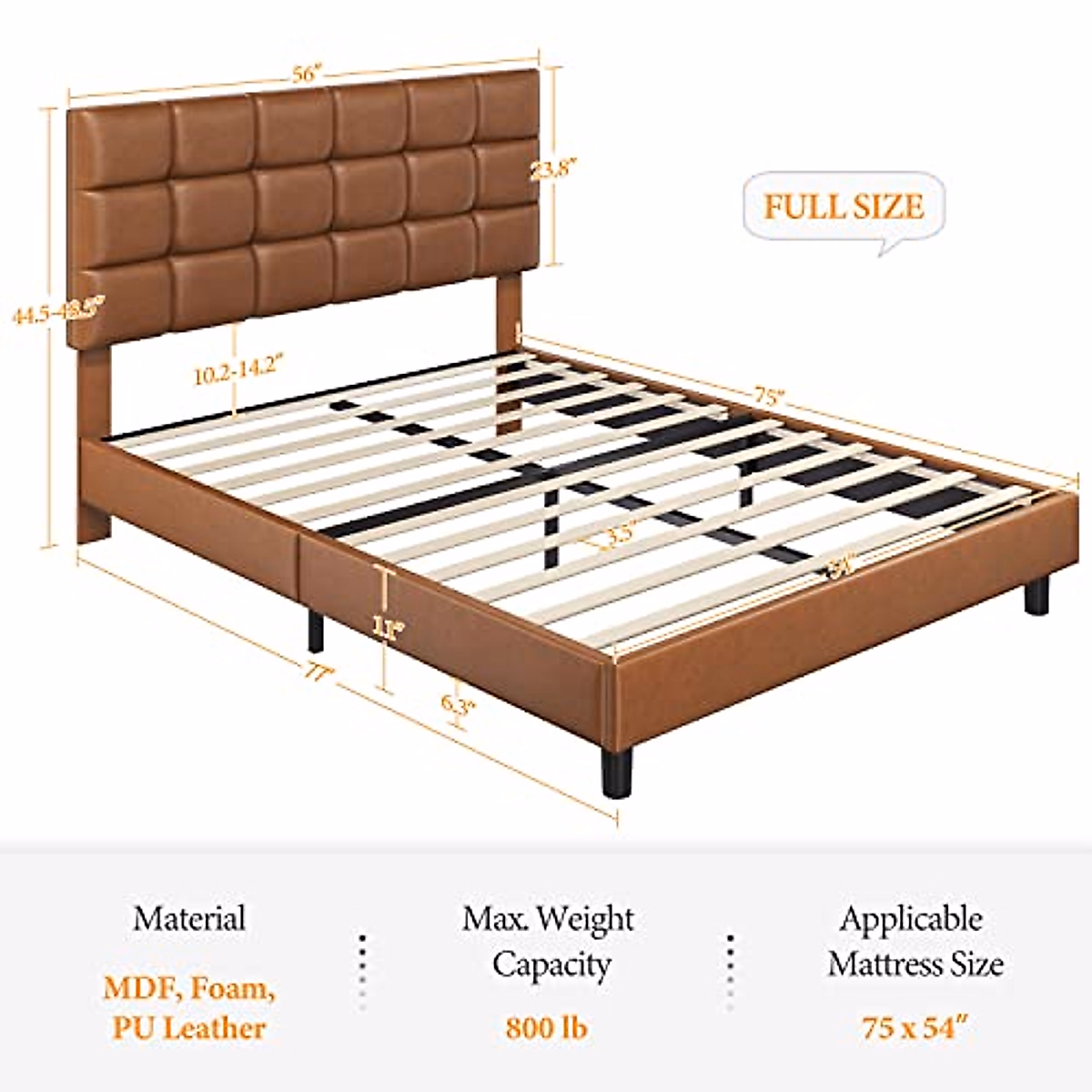 Yaheetech Upholstered Platform Bed Frame with Faux Leather Headboard Height Adjustable, Mattress Foundation Wooden Slats Support No Box Spring Needed, Amber Brown-Full