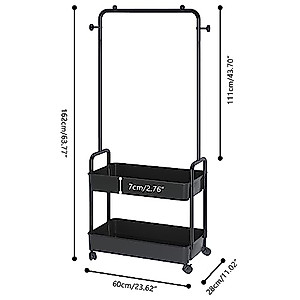 ACCSTORE Metal Clothing Racks, Freestanding Trolley Coat Rack With Wheels,Garment Rack For Storage，Clothes Rack,Heavy Duty Clothing Rack,Garment Racks With 2 Tier Plastics Storage Shelf,Black