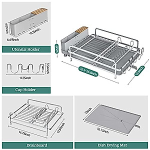 ACMETOP Dish Drying Rack, Extendable Dish Racks for Kitchen Counter, Anti-Rust Dish Drainer with Cutlery and Cup Holders, Drainage, Dishwasher Rack for Dishes, Knives, Spoons, and Forks