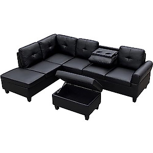 EMKK L-Shape Sofa Couch with Chaise Lounge,Modern Upholstery Sectional Sofá with Storage Ottoman for Living Room Furniture Set, Apartment and Large Space, Black