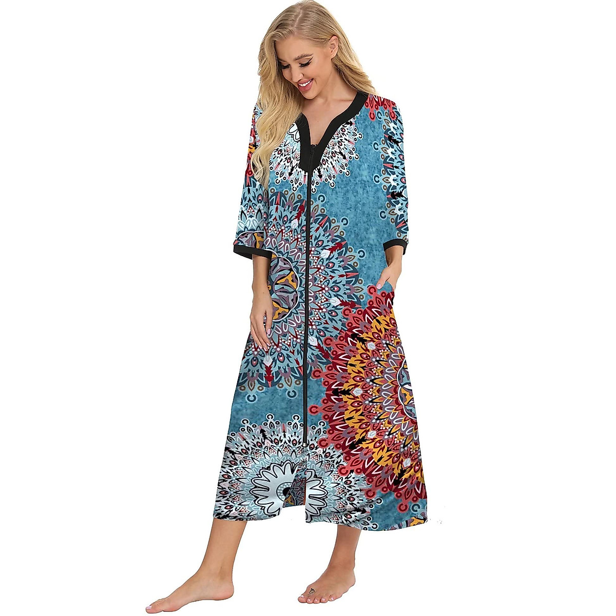 Bloggerlove Womens Robes Lightweight for Hospital Delivery House Coat Maxi House Dress Zip Up Bathrobe Leightweight Nightgown Long Sleepwear House Dress Caftan