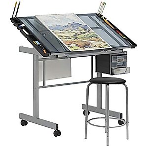 SD Studio Designs Studio Designs 2 Piece Vision Modern Metal Hobby, Craft, Drawing, Drafting Table, Mobile Desk with 40.75" W x 25.75" D Angle Adjustable Top in Silver/Blue Glass