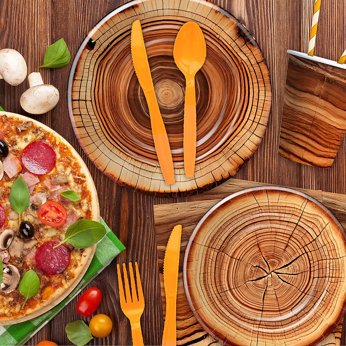 Xenorik Wood Grain Slice Paper Plates And Napkins Party Supplies For Birthday Baby Shower Wedding - Wooden Plates, Cup, Napkin, Fork, Lumberjack Camping Hunting Party Decorations Tableware | Serve 24