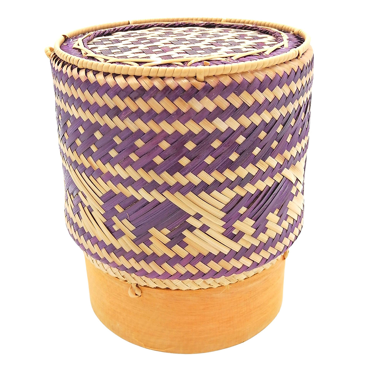 Bamboo Sticky Rice Serving Basket 5x6 Inch, Kratip, Intricately Woven Container, Round Shaped, Elephant Weave Pattern, Thailand Handmade, Dyed with Natural Based (Purple)