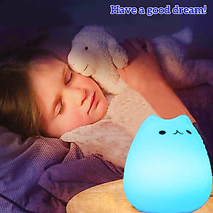 Dastling UMIRNI Cute Cat Night Light, Rechargeable Silicone LED Baby Nursery Nightlight, Color Changing Animal Lamp, Tap Sensor Control